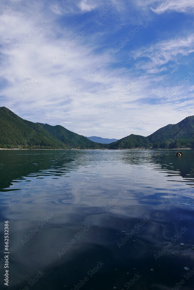 Kayak and canoe at Lake Saiko near Mt. Fuji. The calm water surface is ...