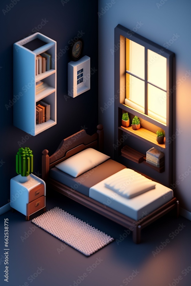 Detailed isometric bedroom, pixel art, unreal engine voxel render Stock ...