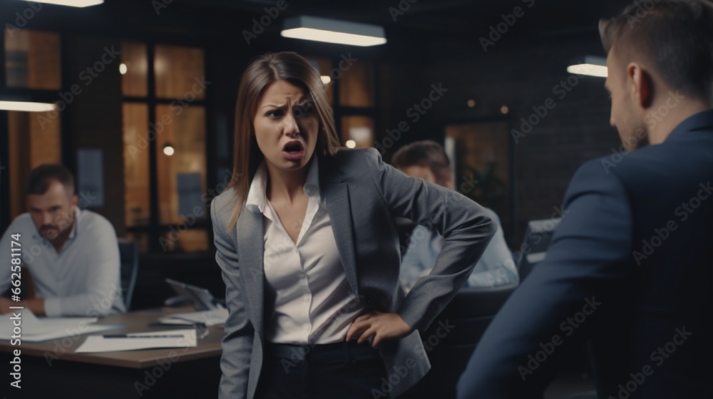 Male colleagues pointing fingers at upset female boss on meeting, tired ...