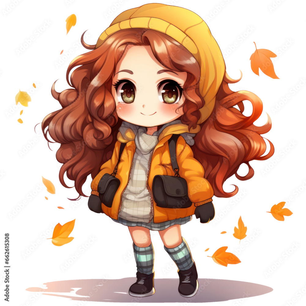 Cute fall Chibi girl with leaves, autumn girl illustration isolated ...