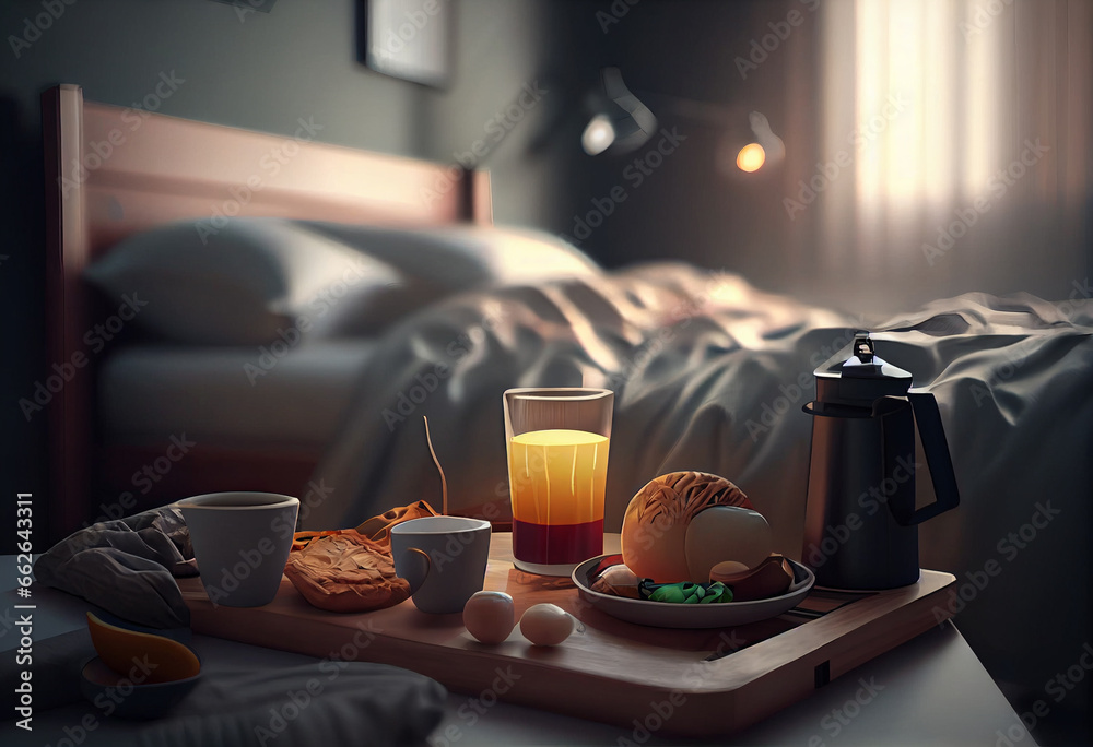 Focus on fruit. In a hotel room with fruit, place a tray on the bed to ...