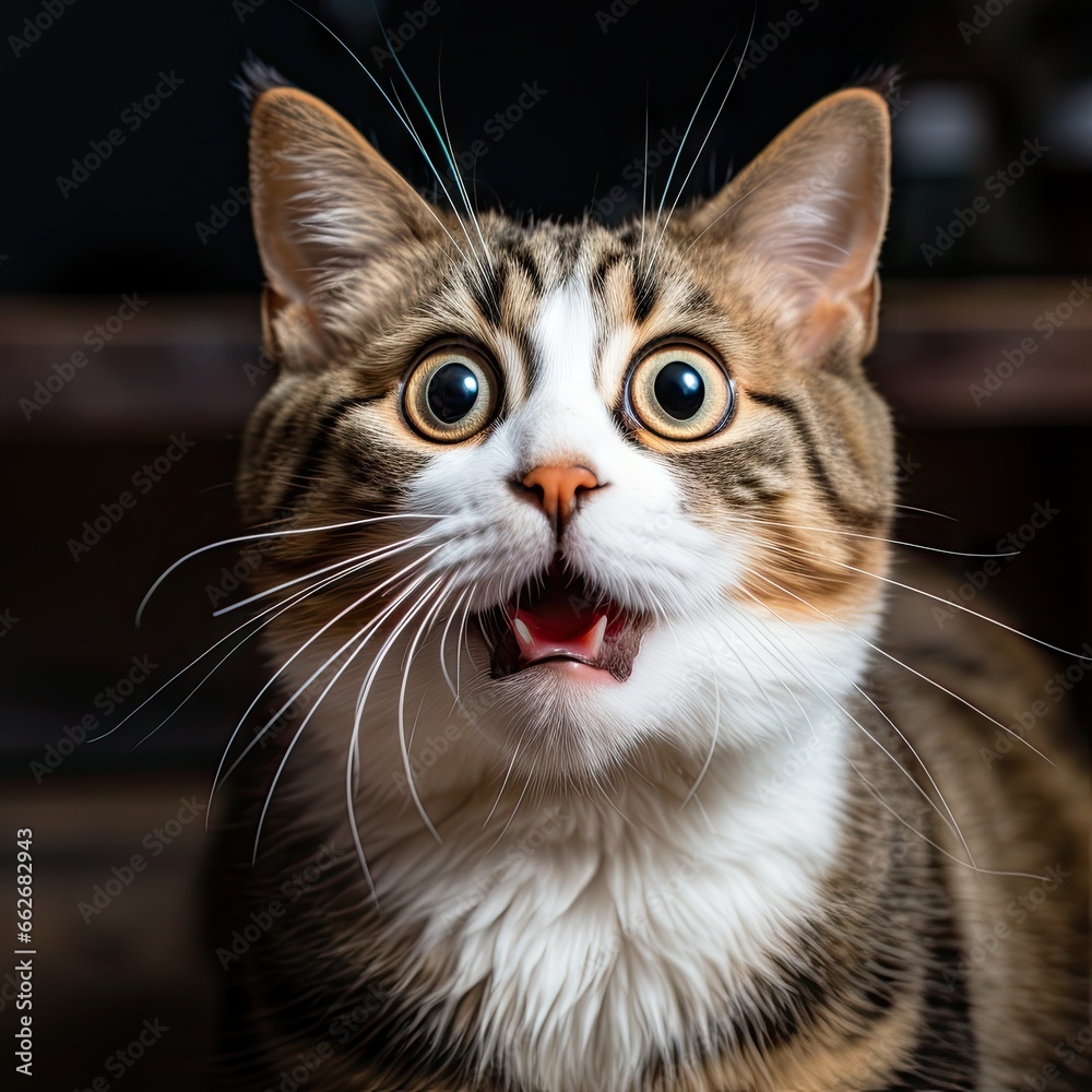 Cute, emotional, shocked cat with wide open eyes and mouth over dark ...