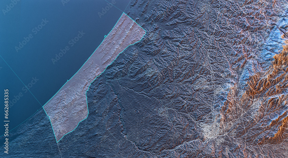3D map of Gaza strip with exaggerated topographic relief and borders ...