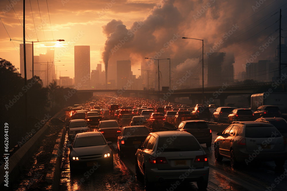 Polluted city with chaotic traffic, highlighting the hazardous ...