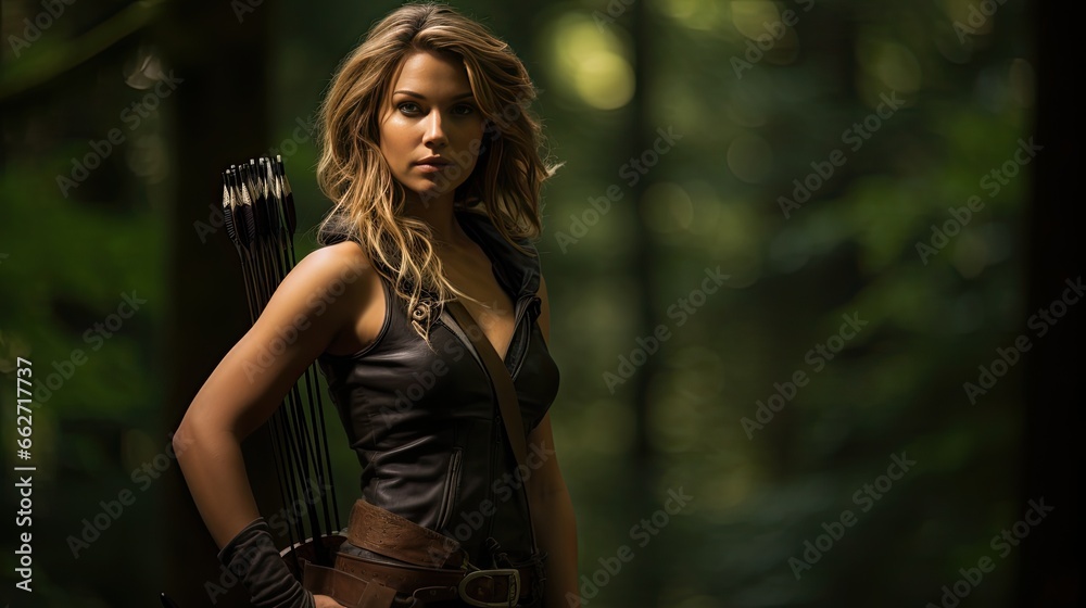 Model demonstrating an archer's form, emphasizing focus and upper body ...