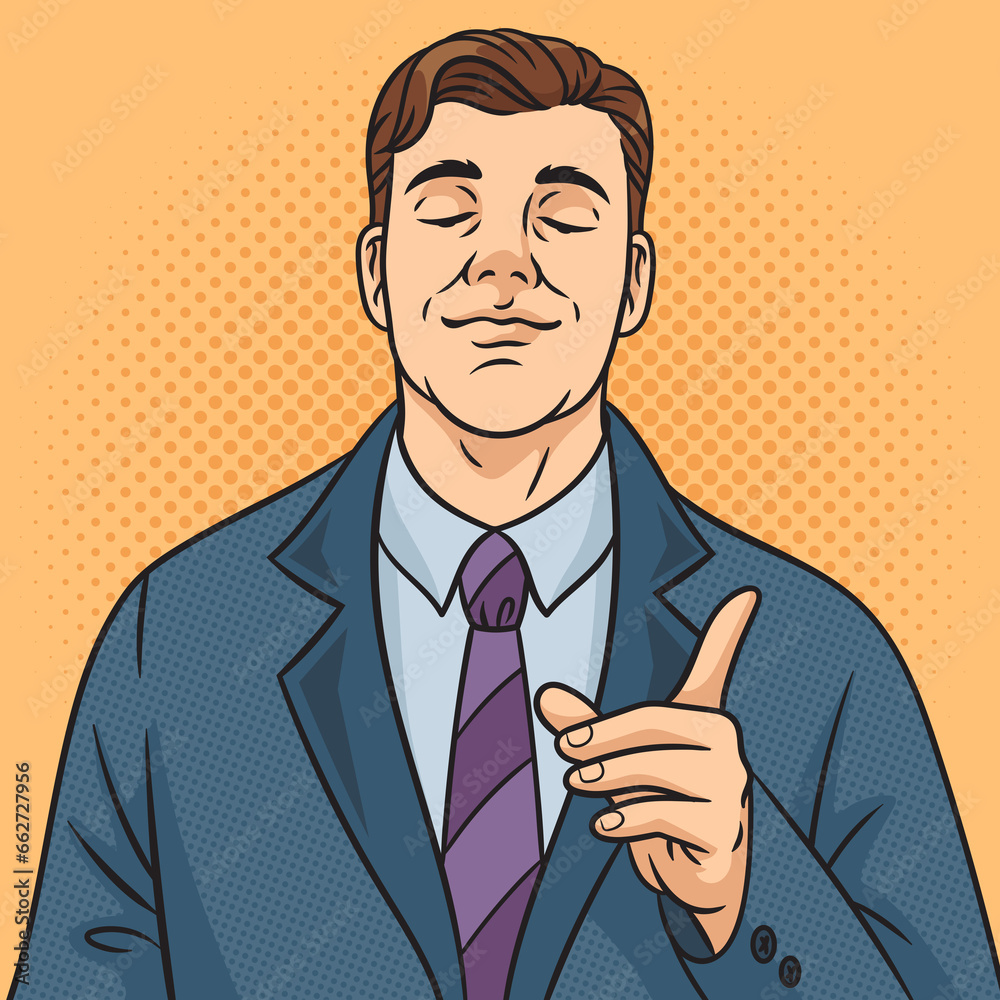 Confident and satisfied man businessman meme pinup pop art retro raster ...