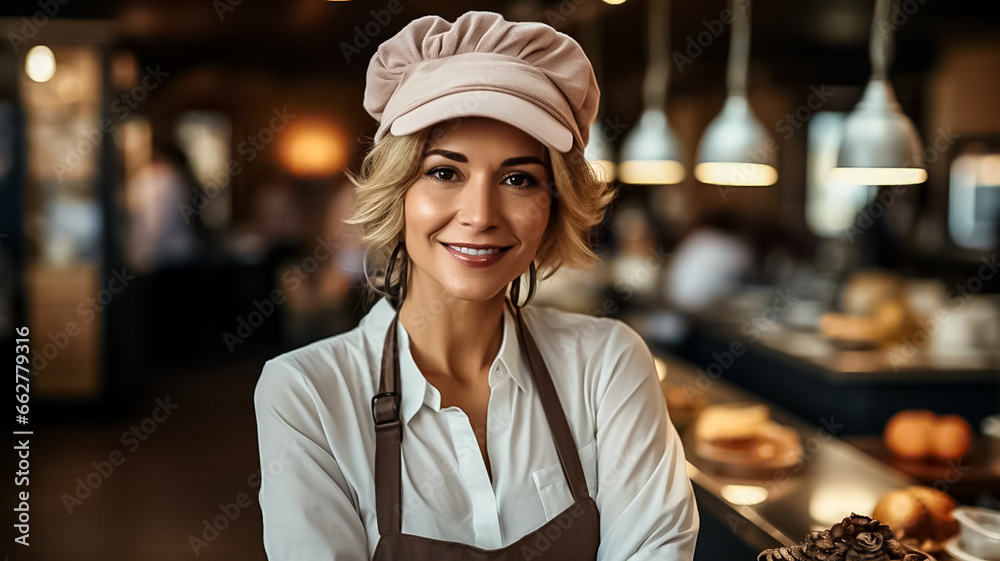 Happy Chef mature woman of a Big Restaurant Crosses Arms and Smiles in ...