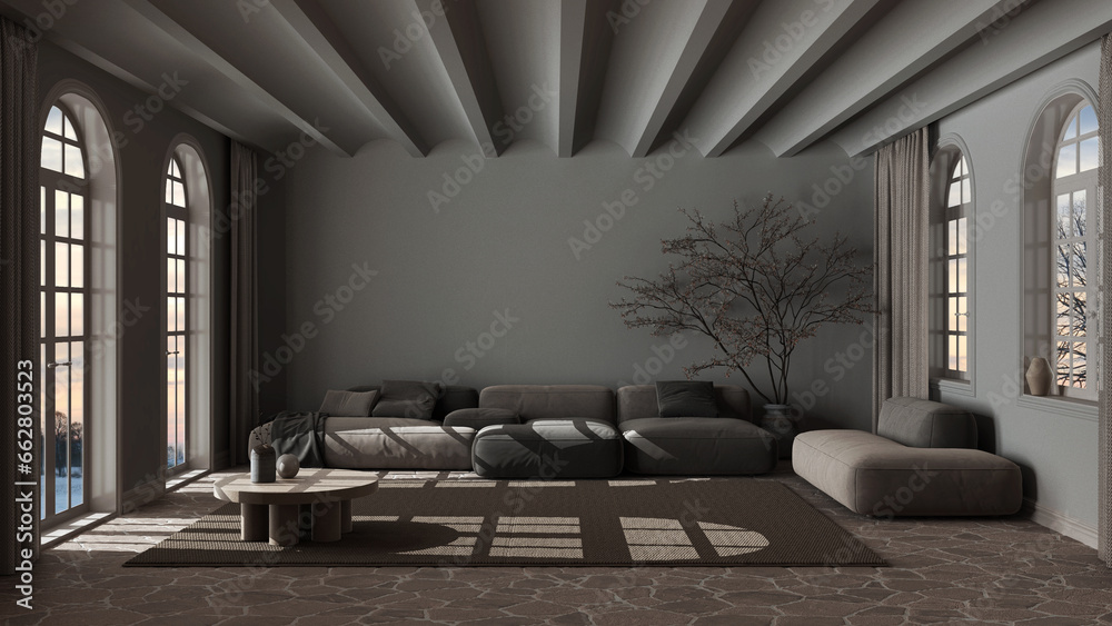 Dark late evening scene, minimal modern living room with sofa and ...