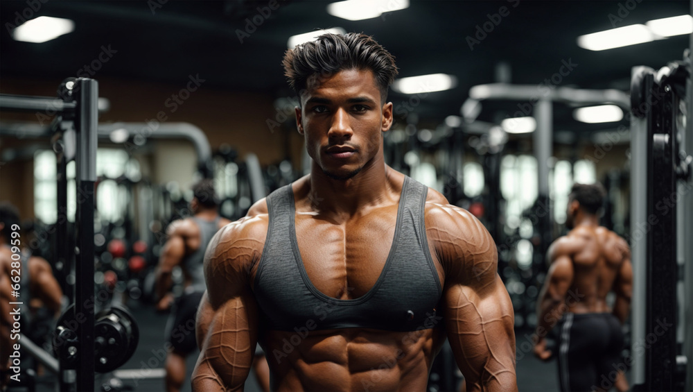 Attractive shirtless male bodybuilder with muscular torso and strong ...