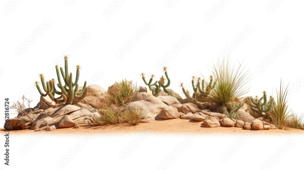 desert scene, dry plants with rocks, isolated on white background ...