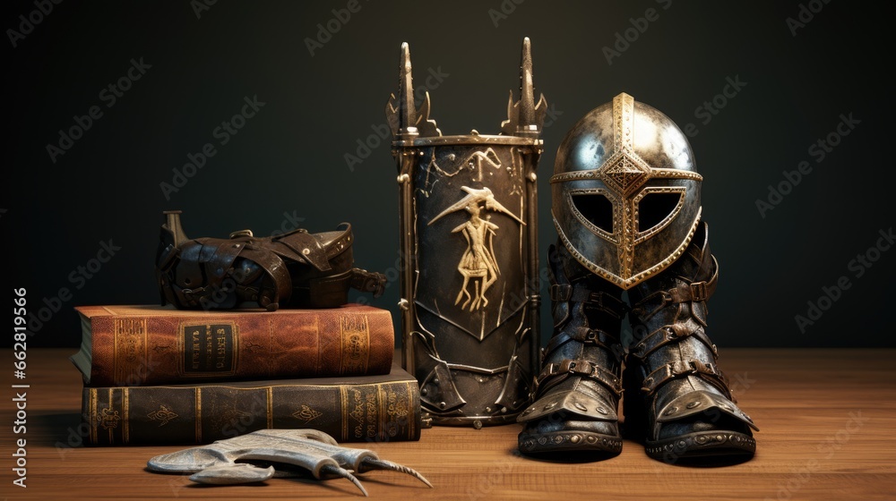 3D illustration of armor of God with helmet of salvation, breastplate ...