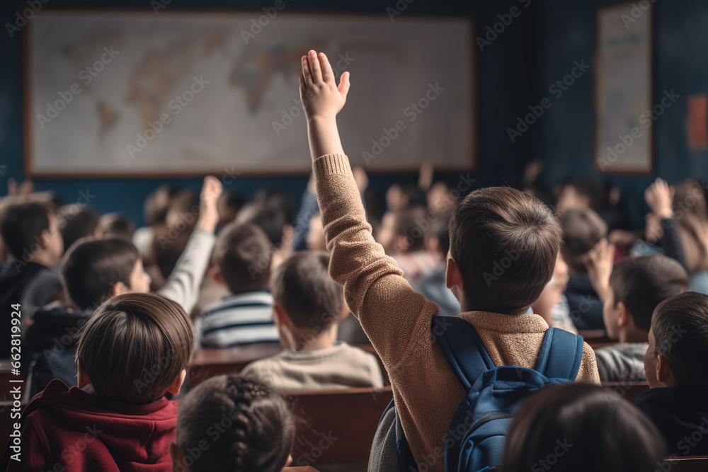 Elementary school student raising his hand to ask the teacher something ...
