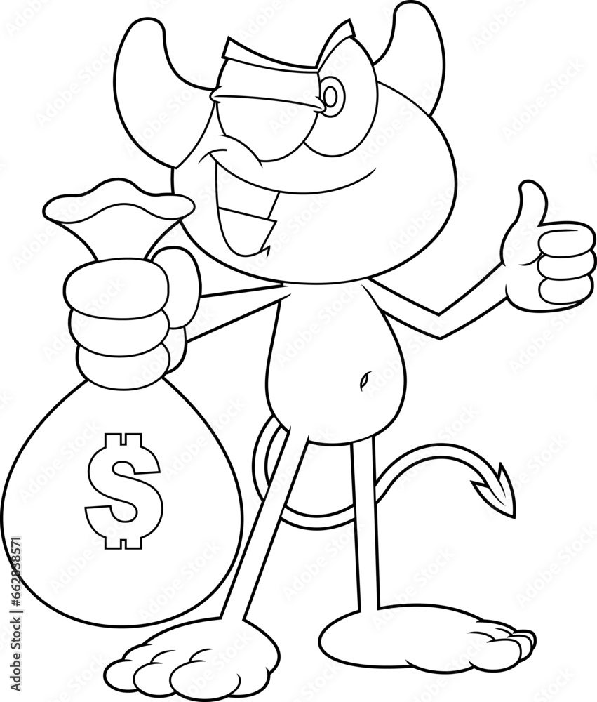 Outlined Winking Little Devil Cartoon Character Holding A Money Bag and ...
