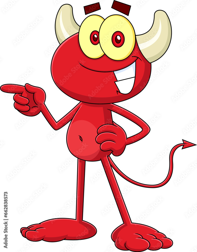 Smiling Little Red Devil Cartoon Character Pointing. Vector Hand Drawn ...