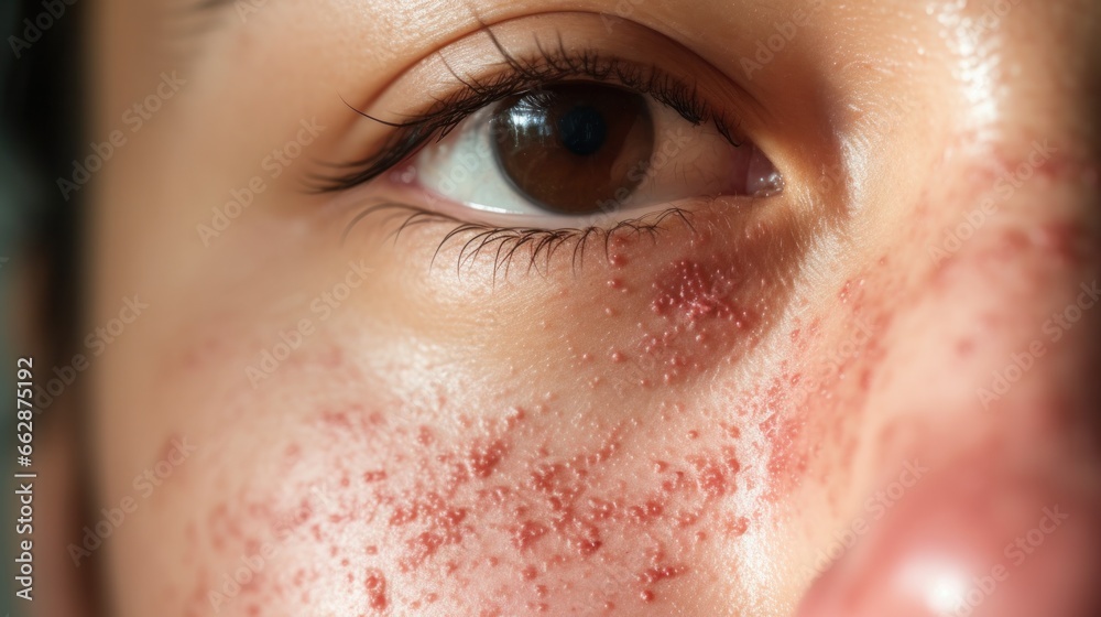 acne on woman face with rash skin, scar, and red skin syndrome allergic ...