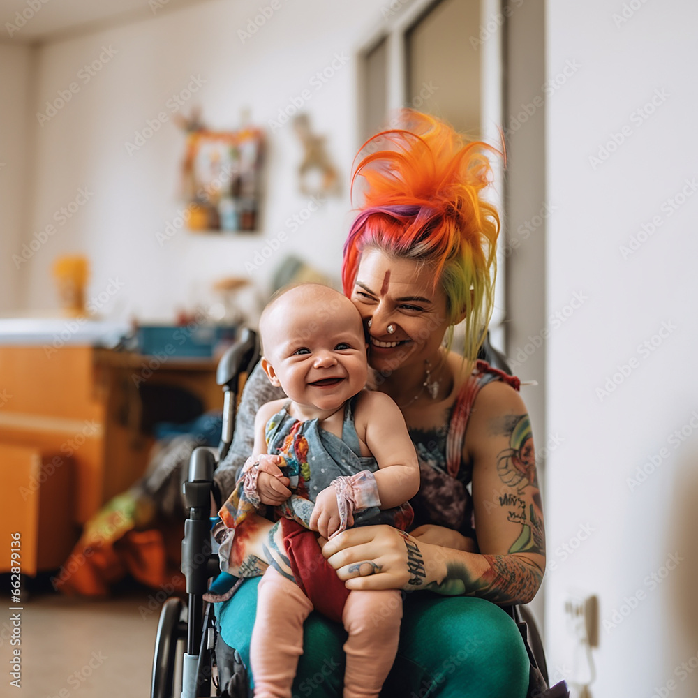 Young disabled girl in wheelchair with multi-colored hair and tattoos ...