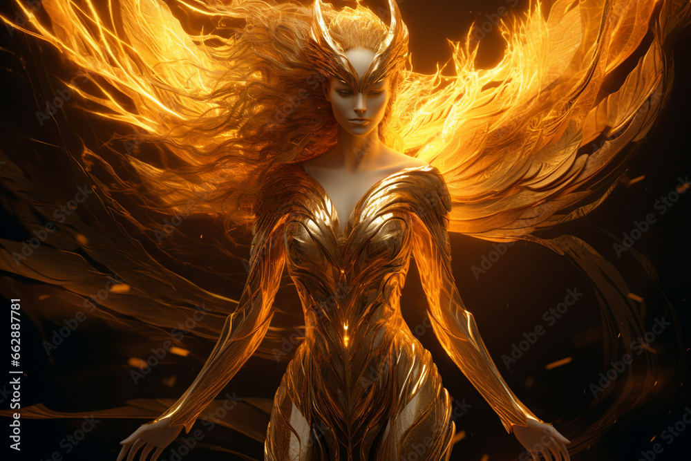 Fantasy concept. Beautiful golden phoenix woman humanoid portrait. Girl ...