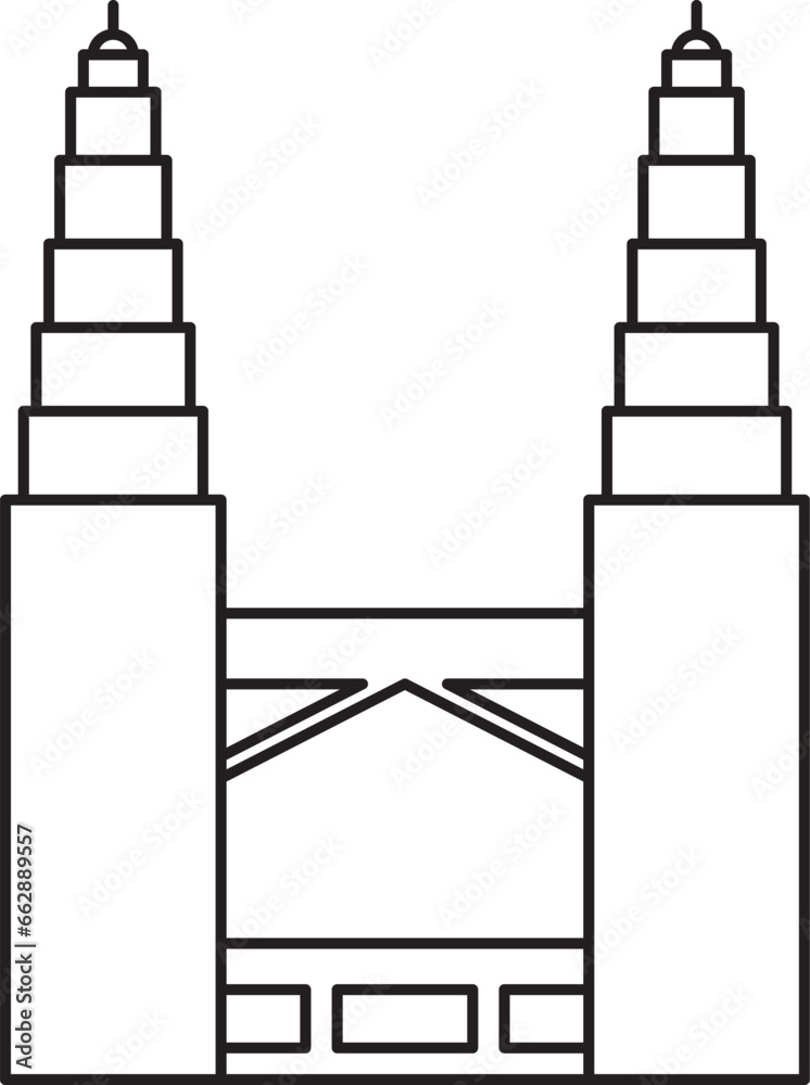 Simple black flat outline drawing of the Malaysian historical landmark ...