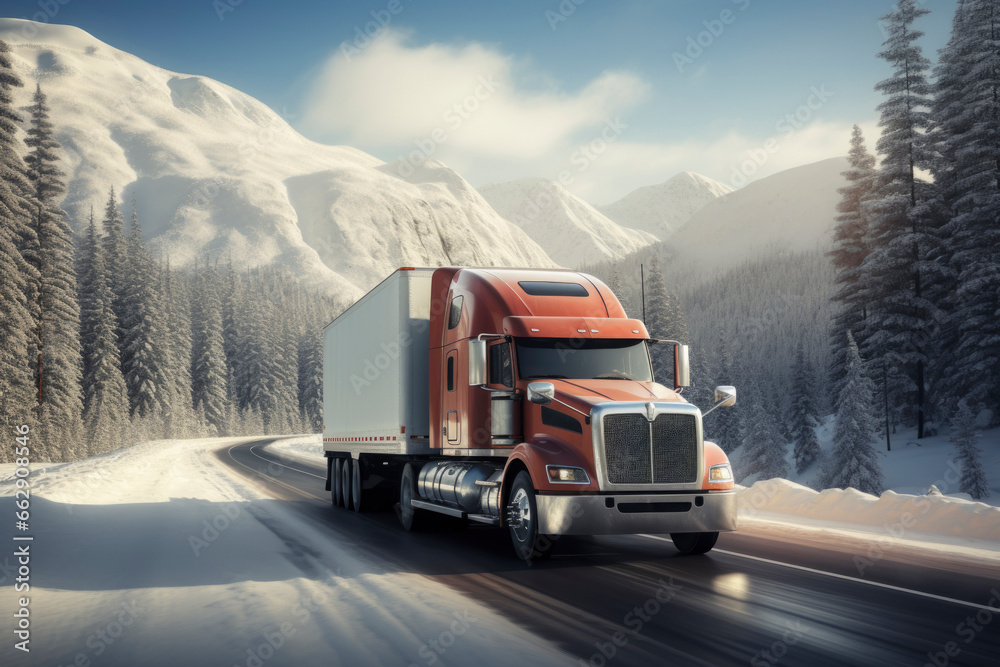 Red big rig commercial semi truck transporting cargo in dry van semi ...