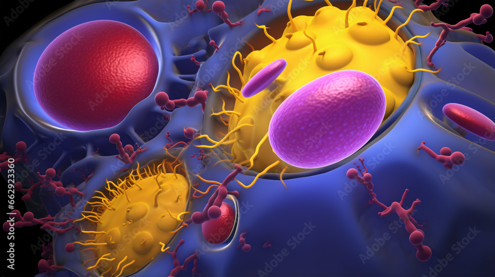 A 3D illustration offers a detailed view of the nucleus, organelles ...