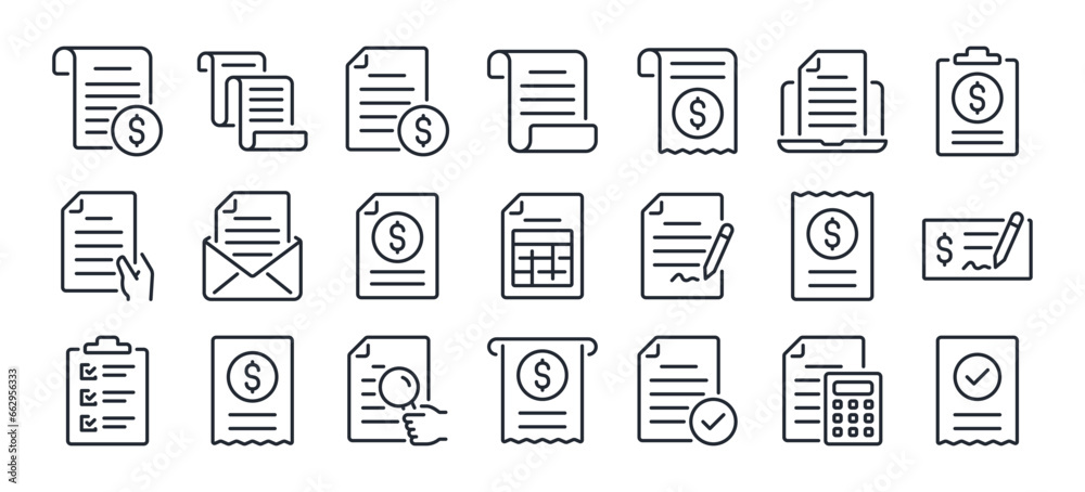 Invoice, bill, receipt, tax and payment concept editable stroke outline ...