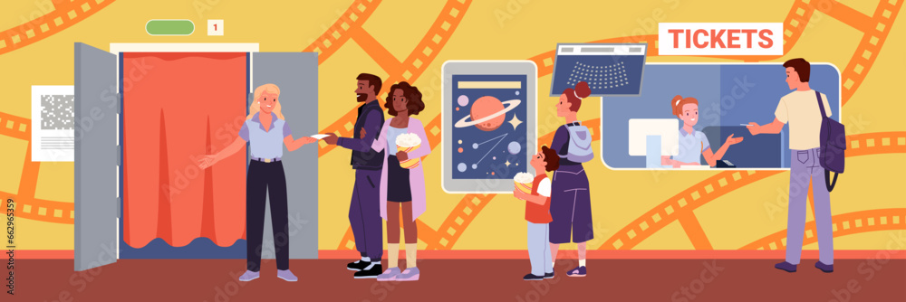 People in cinema theater hall vector illustration. Cartoon male and ...