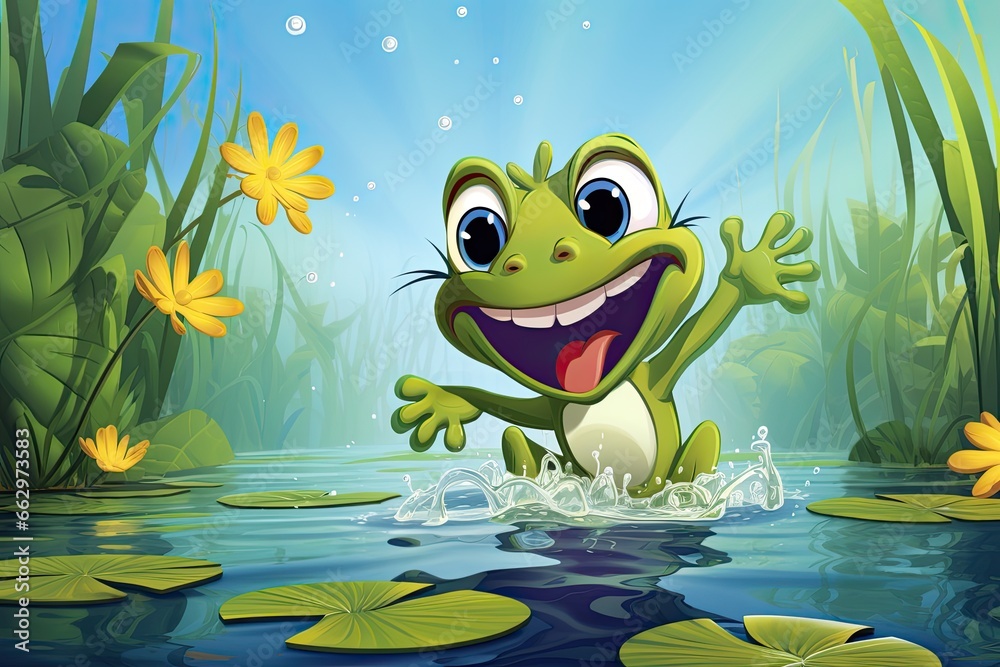 Frog Cartoon: Playful Jolly Frog Hopping on Lily pads in a Serene Pond ...