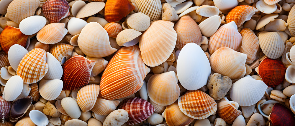shells on the beach background, ocean sea shells close up that are ...