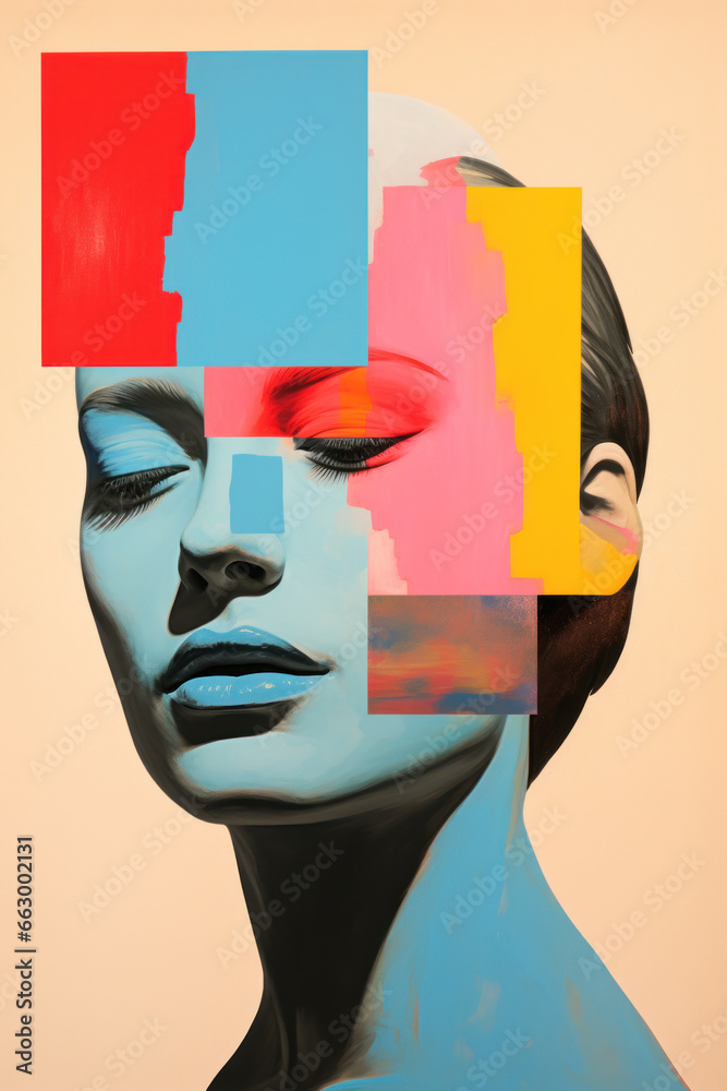 illustration of a young woman with colorful fragmented brain ...