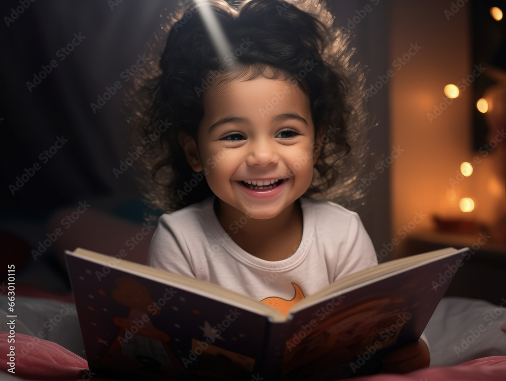 A preschool-age girl smiles while reading a storybook with her mom ...