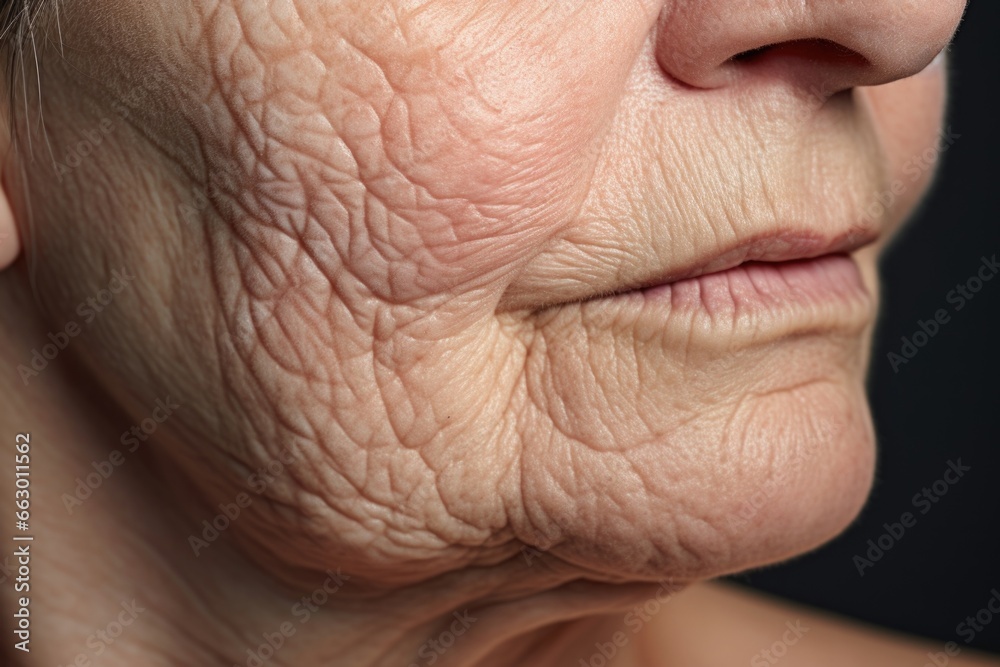An older retiree with deeply wrinkled skin and numerous skin tags on ...