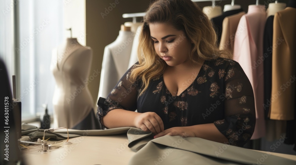A woman with obesity works as a fashion designer, creating beautiful ...