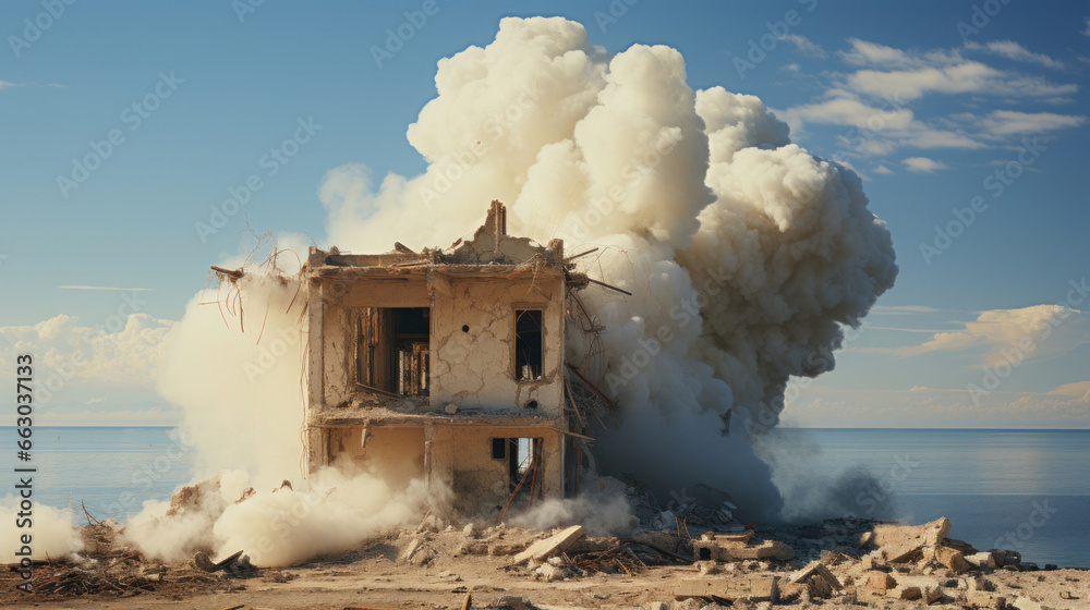 demolition by explosion of an old destroyed abandoned house on the lake ...