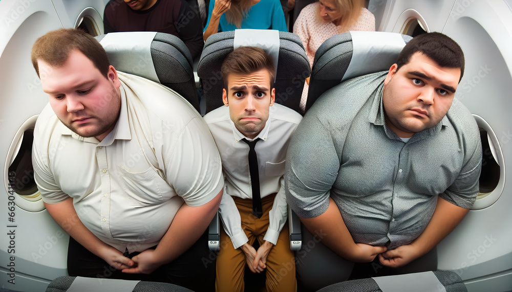 Skinny man is sandwiched and cramped between two big men on plane ...
