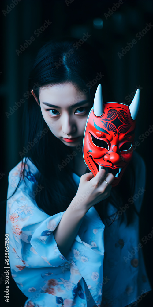 Foto de Stock Japanese Girl Wearing Hannya Mask in Traditional Kimono ...