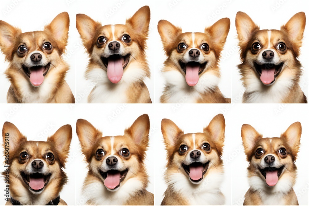 Collage set of 8 dogs portraits with different emotions. White ...