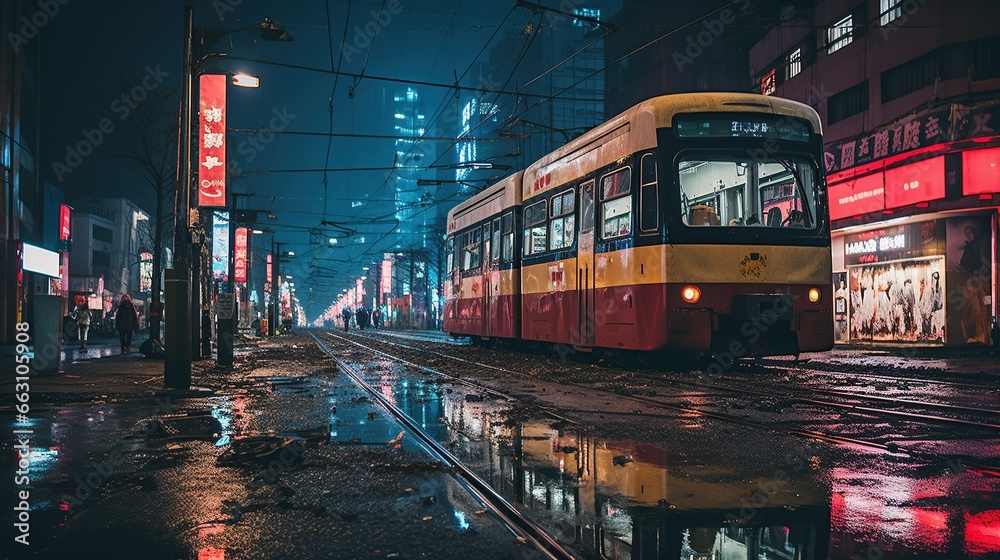 Tokyo cyberpunk landscape at nigh. Dystopian cityscape, devastated by ...