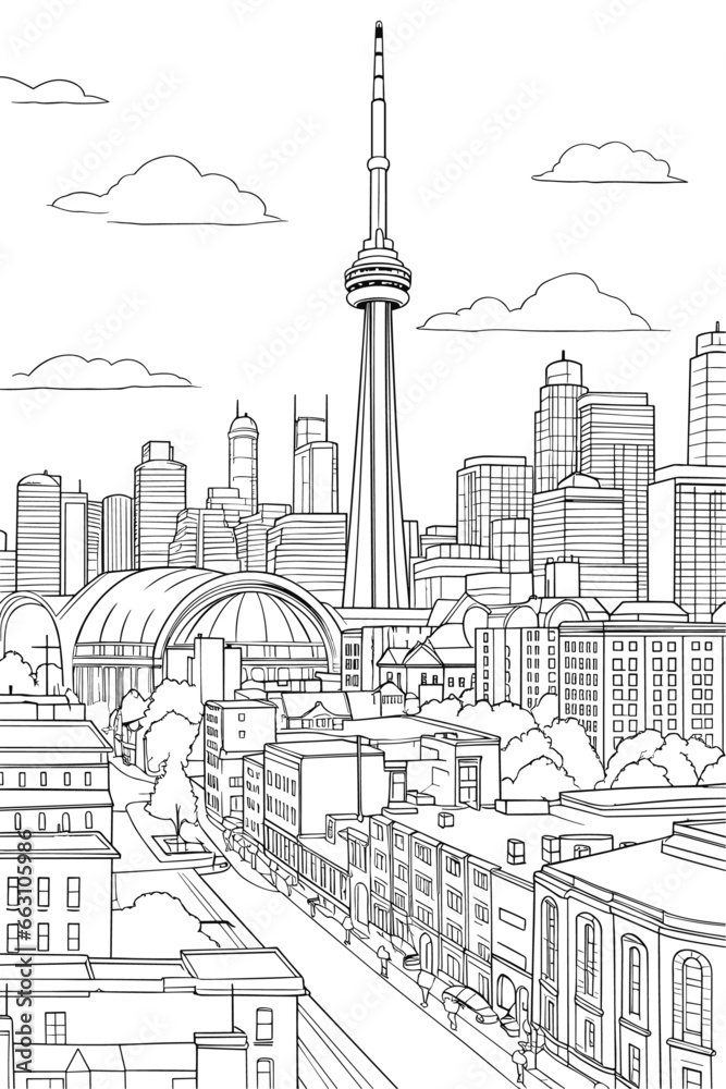 Canada Toronto cityscape black and white coloring page book for adults ...