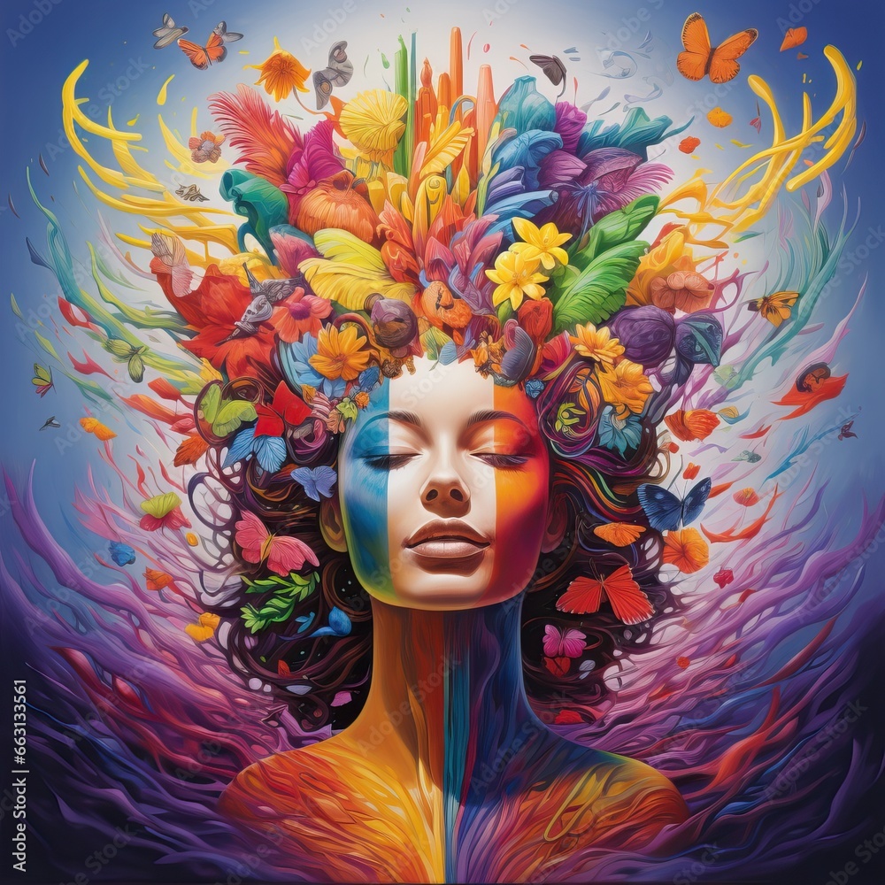 human brain concept. Creative part and colorful forest and nature ...