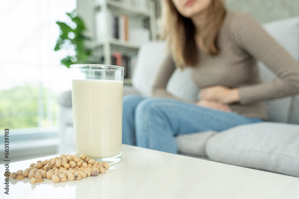 soy allergens, Sick sad unhealthy ill allergic woman, runny stuffy sore ...
