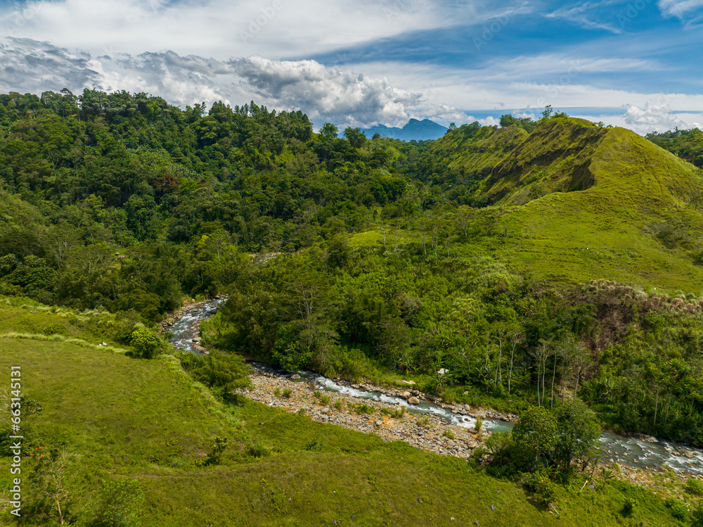 Mountain valley and green forest with flowing water over river ...