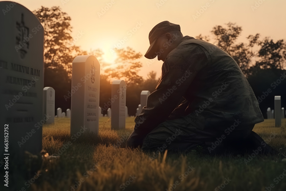 Military man kneeling of grave fallen soldier, sunset. Concept veteran ...