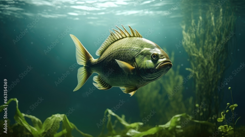 Piranha, Pygocentrus nattereri swimming in aquarium pool with green ...