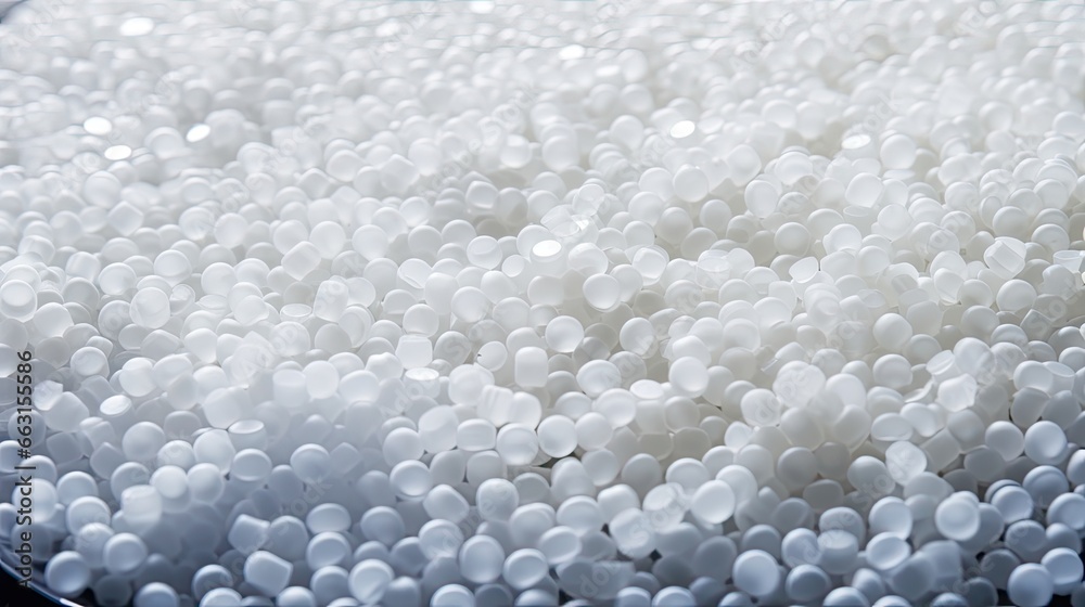 Many white and gray granules of polypropylene, polyamide. Background ...