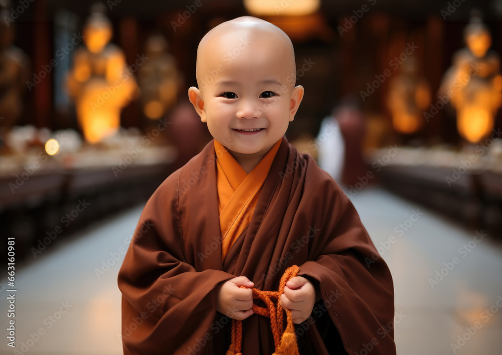 Chinese child dressed as a Buddhist monk with a bald head and round ...