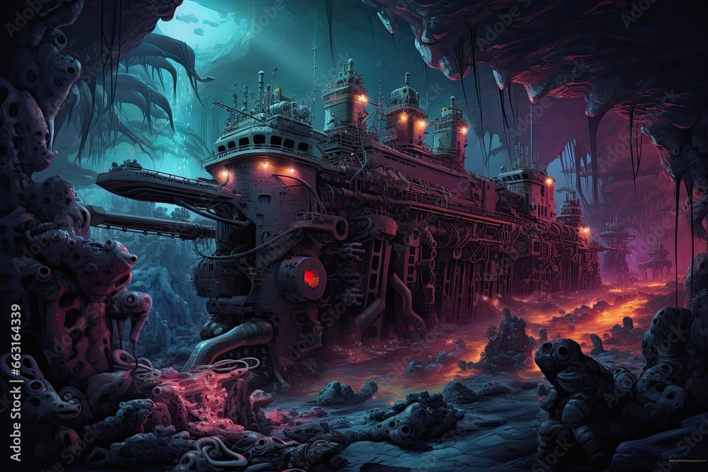 Fantasy underwater world. 3D illustration. Fantasy landscape with ship ...