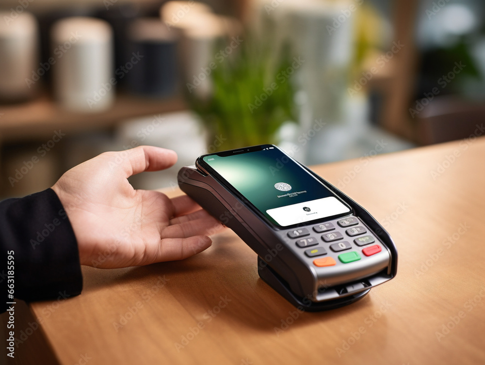 A concept image showing a modern payment method using a phone, in a raw ...