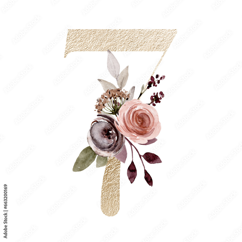 Number 7, seven with watercolor flowers hand painting. Perfectly for ...