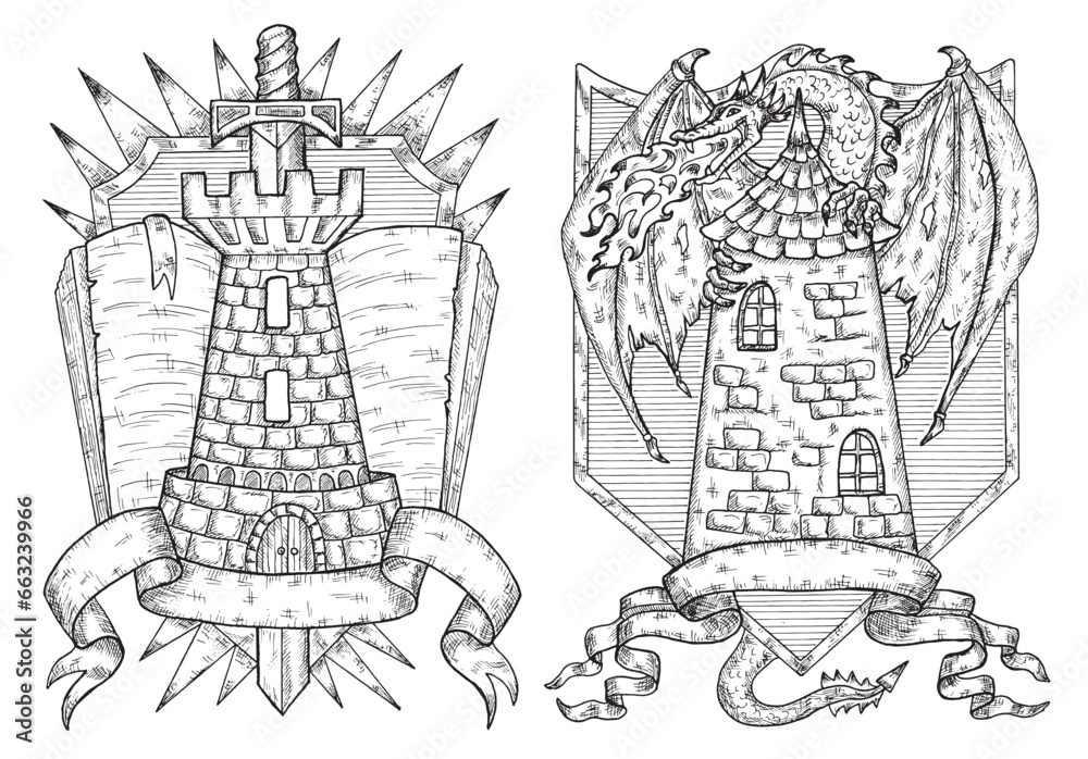 Design set with black and white coat of arms with dragon, book and ...