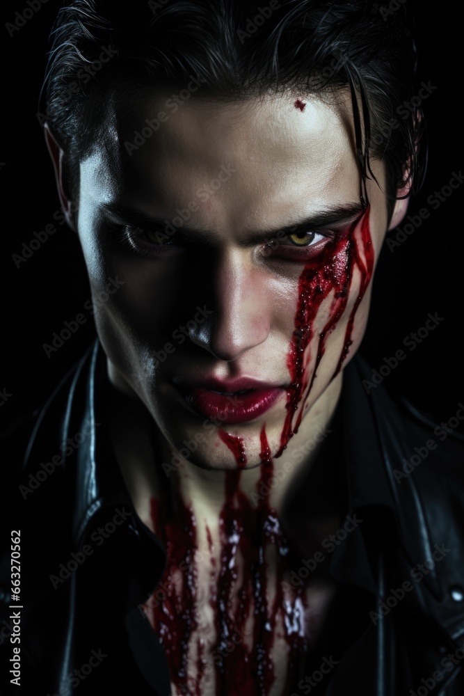 evil young handsome pale skinned man. Dripping blood. Intense fantasy ...